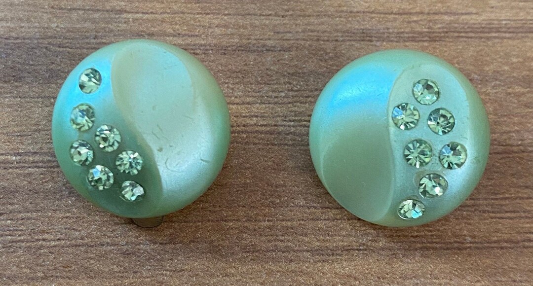 Small Pale Green Celluloid Earrings, Rhinestone Studs 1940s Vintage ...