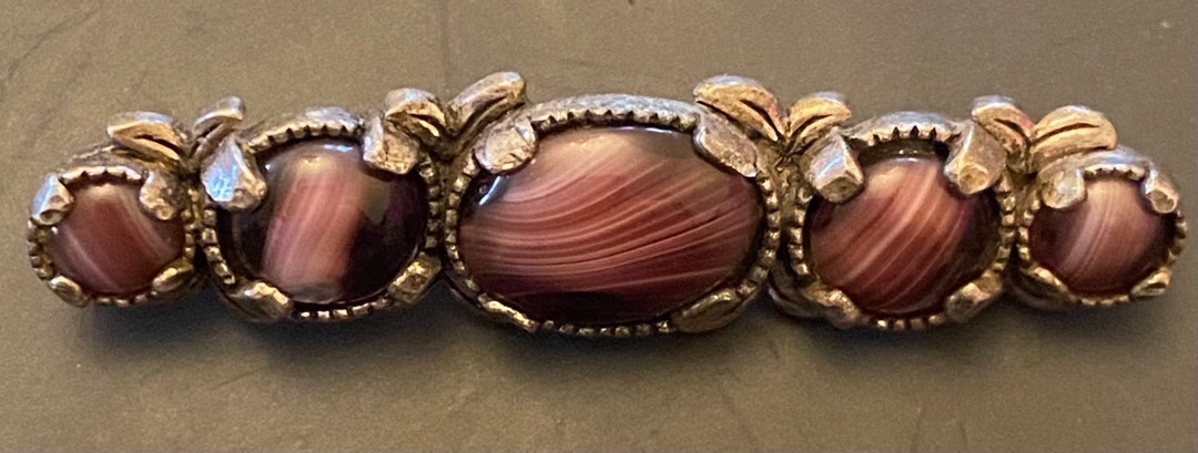 Monet Bar Brooch Victorian Revival, Purple Marbled Stones, Silver Tone ...
