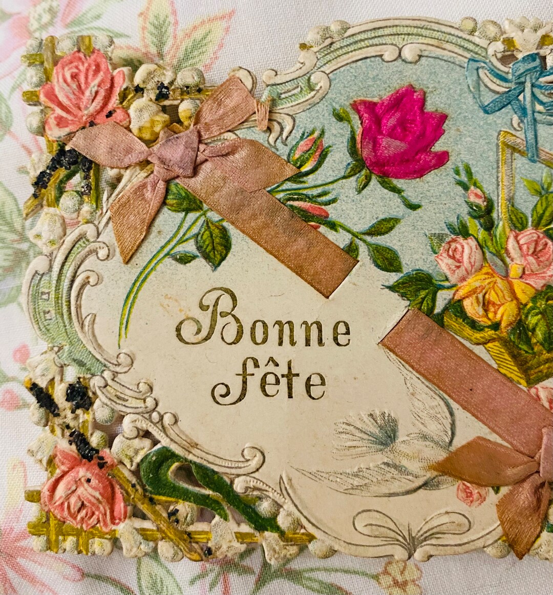 French Antique Card 1800s, Die Cut Floral Design With Wavy Edges Bonne ...