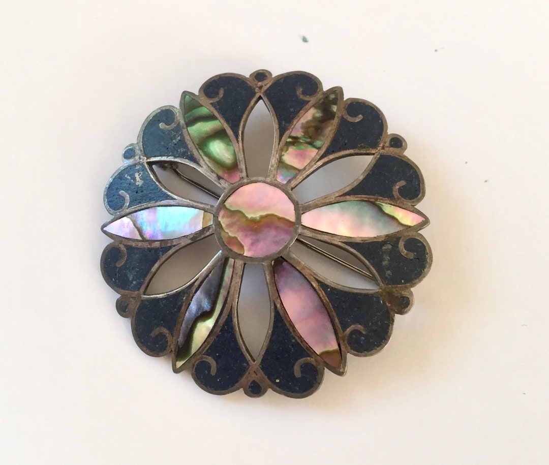 Mexican Abalone Shell Brooch or Pendant, Sterling Silver, Vintage ...