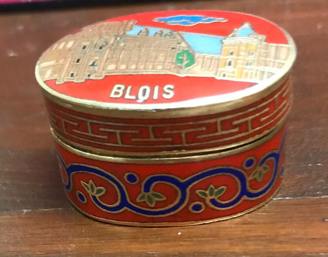 French Enamelled Pill Box, Floral Design, Red Background, Royal Blue ...