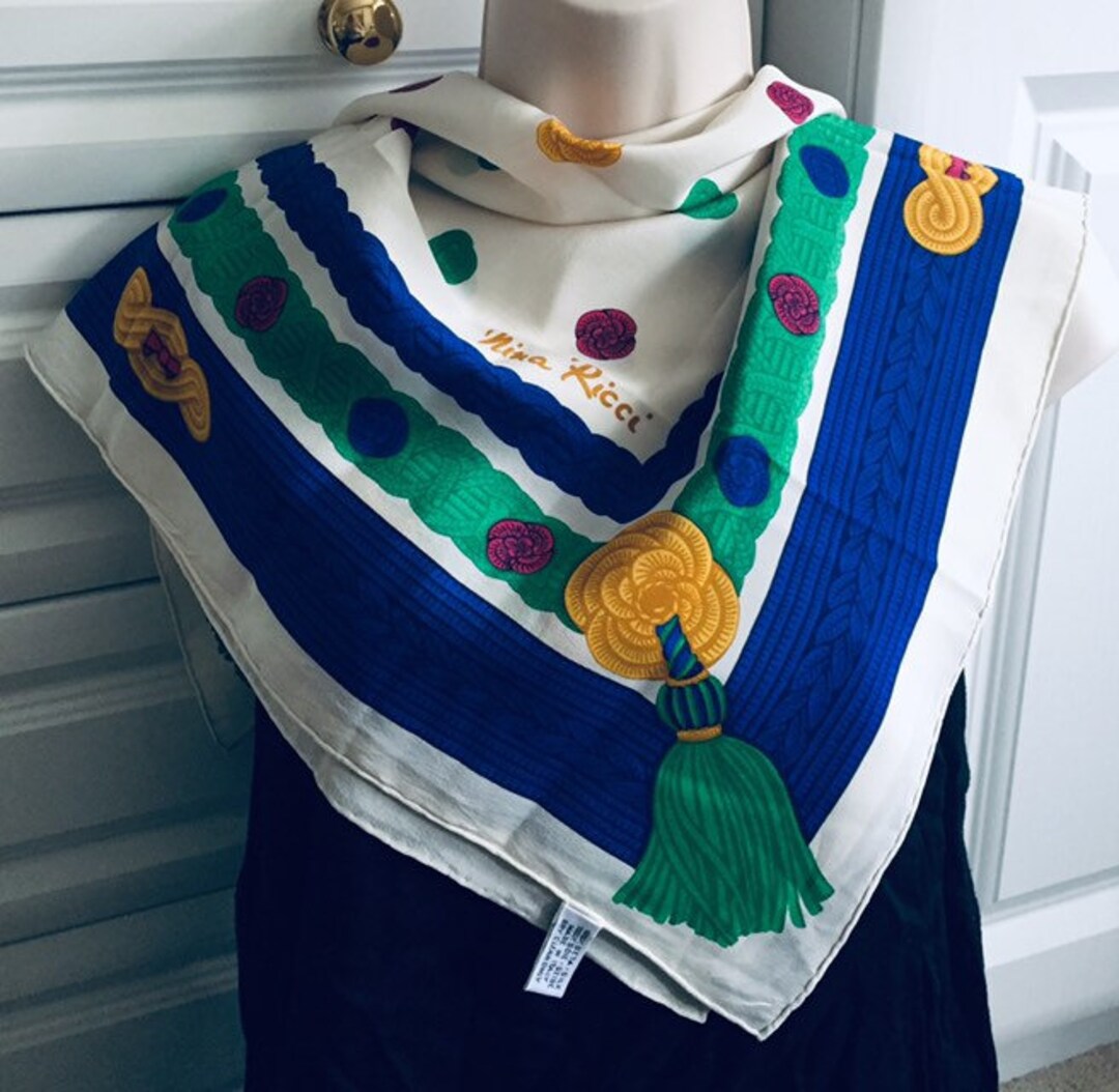 A Nina Ricci Silk Scarf 28 Inches, Blue, Green, Gold, Red, Vintage ...