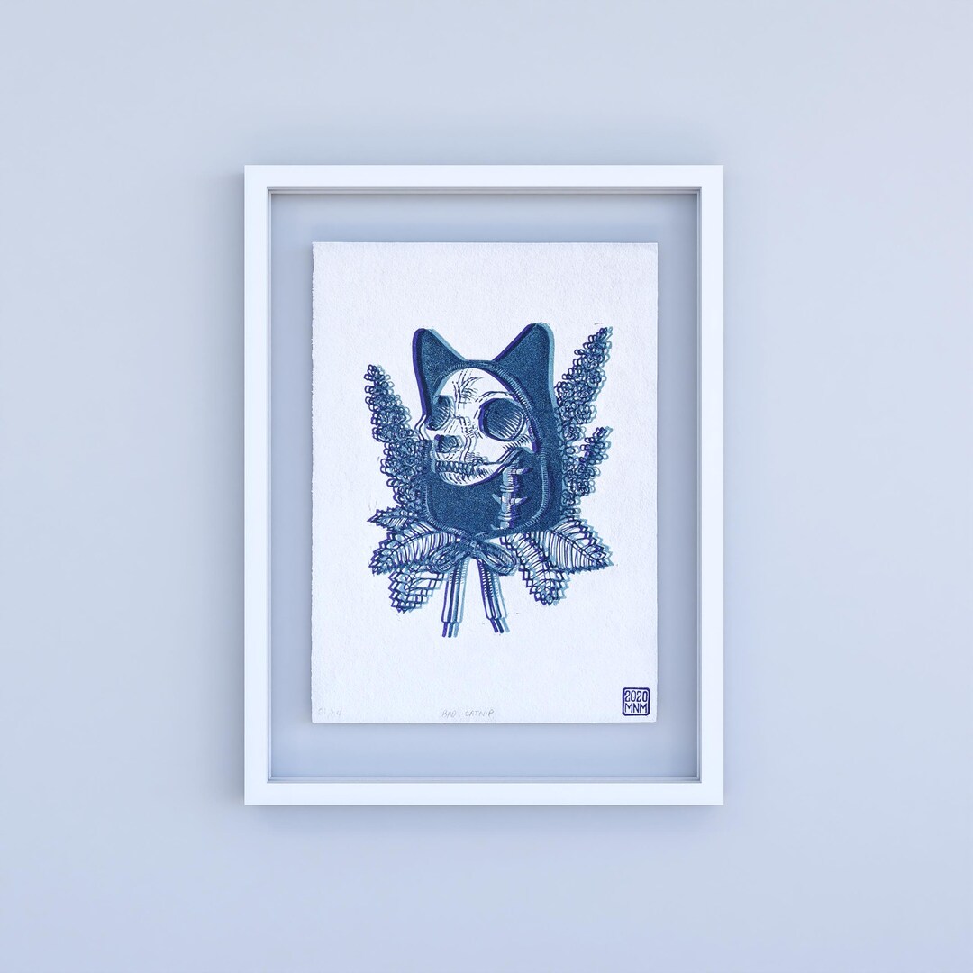 Deadly Catnip Linocut Print: Surreal Cat Art (7.5x11") - Etsy
