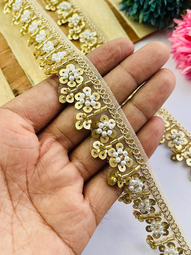 Golden Pearl & Sequin Embroidered Border | 1 Inch Luxury Lace Trim, 1 ...