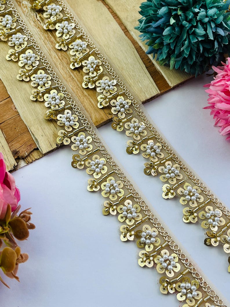 Golden Pearl & Sequin Embroidered Border | 1 Inch Luxury Lace Trim, 1 ...