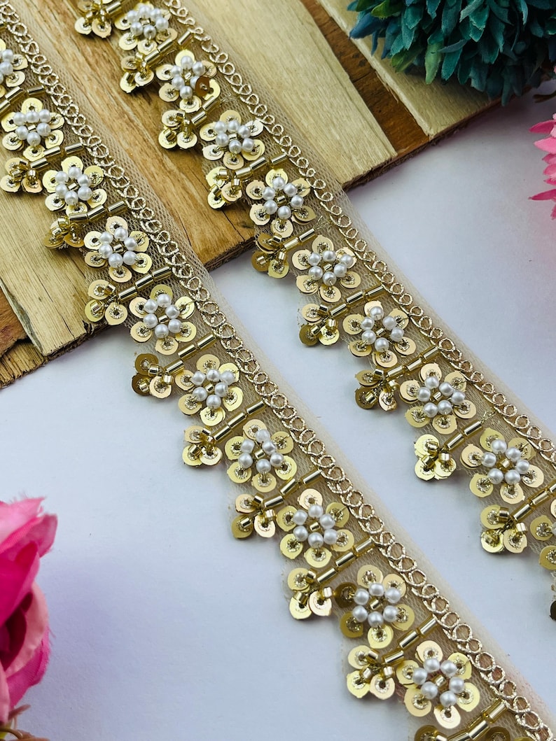 Golden Pearl & Sequin Embroidered Border | 1 Inch Luxury Lace Trim, 1 ...