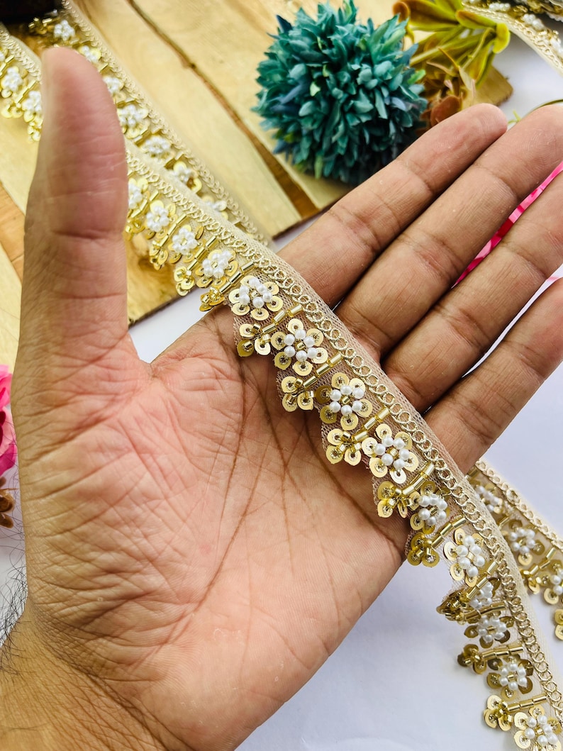 Golden Pearl & Sequin Embroidered Border | 1 Inch Luxury Lace Trim, 1 ...