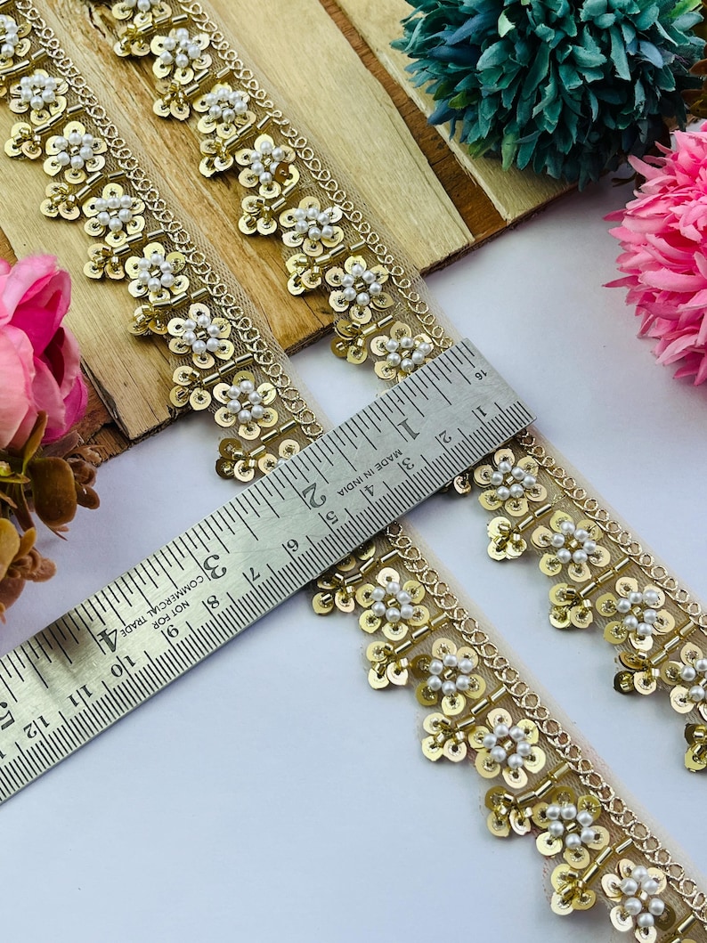 Golden Pearl & Sequin Embroidered Border | 1 Inch Luxury Lace Trim, 1 ...