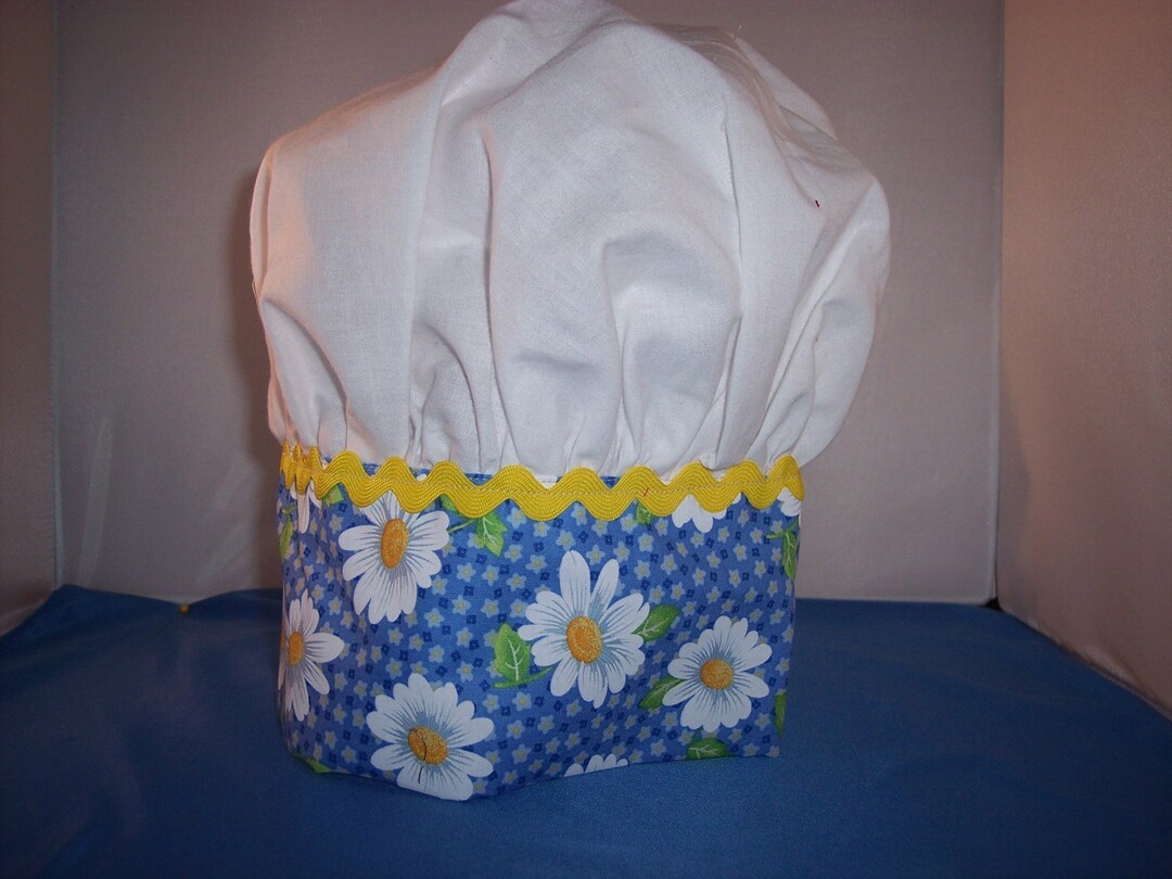 Chef Hat Blue Flowered Band With White Daisies Yellow Trim - Etsy