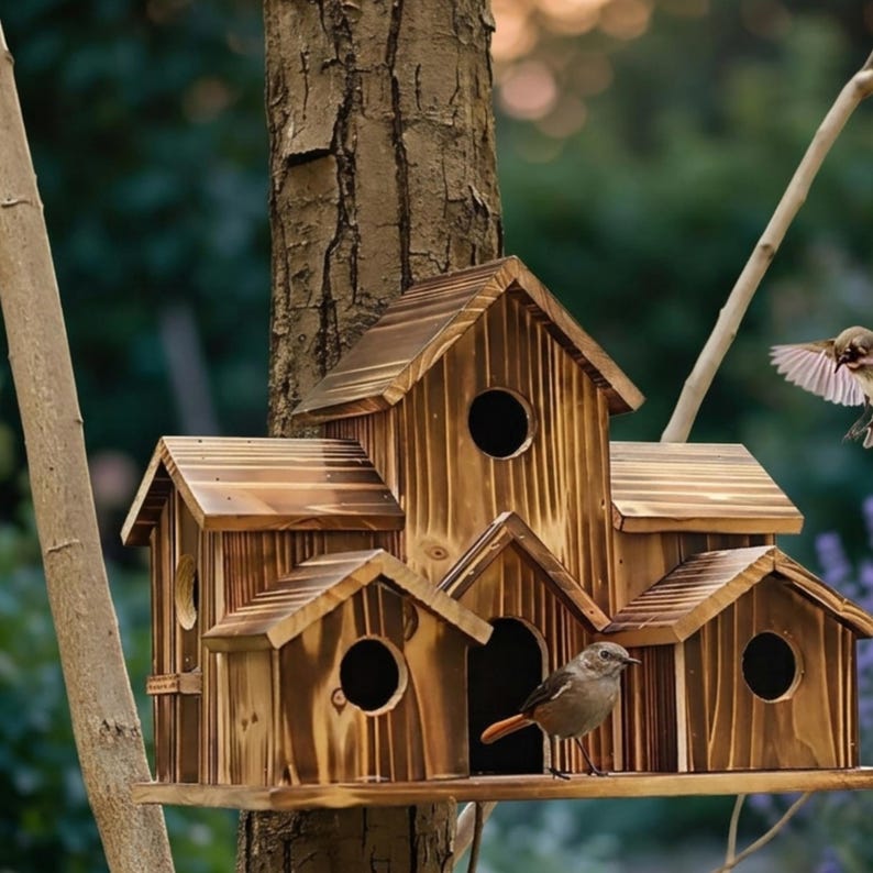Multi-room Wooden Birdhouse – Rustic Garden Decor, Handcrafted Bird ...