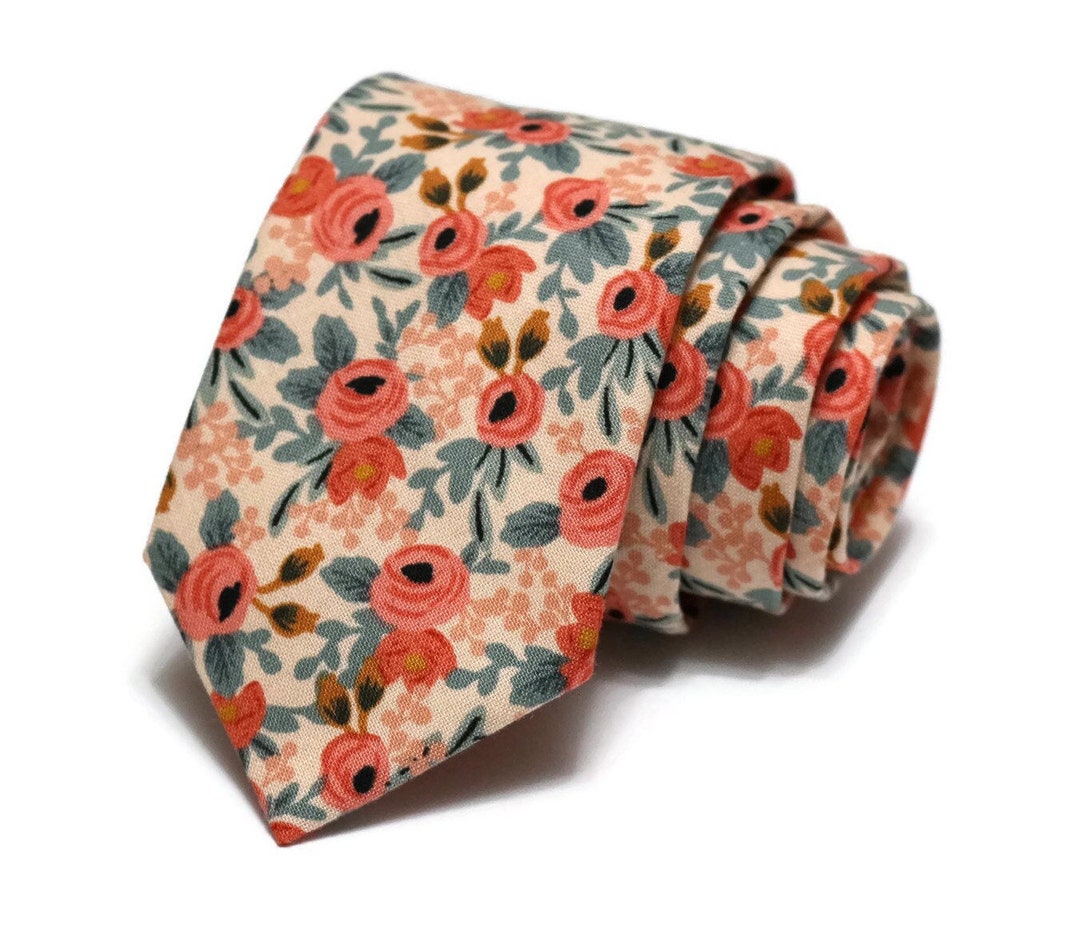Peach Rosa Floral Necktie - Rifle Paper Co Fabric - Pocket Square ...