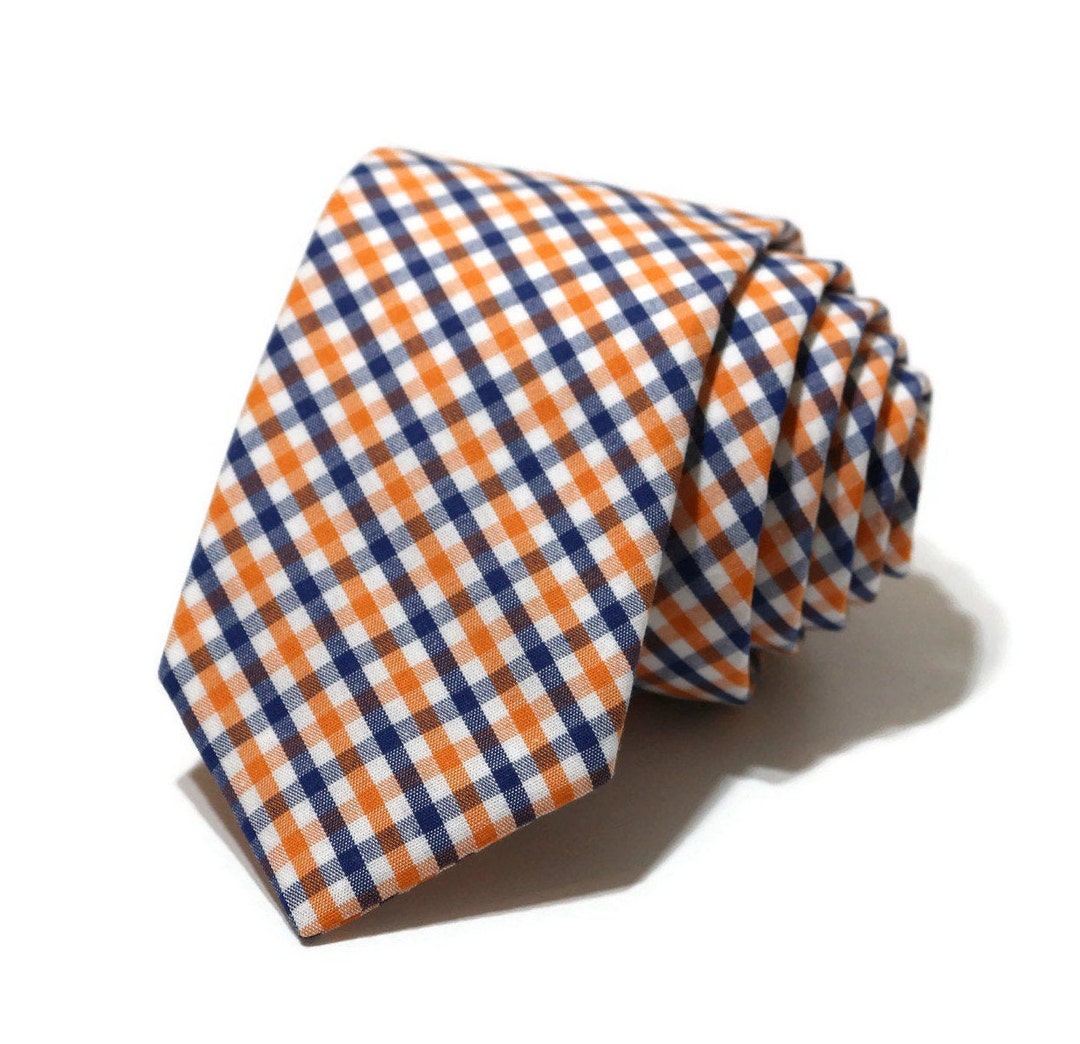 Orange & Navy Blue Tattersall Check Mens Necktie~cotton Necktie ...
