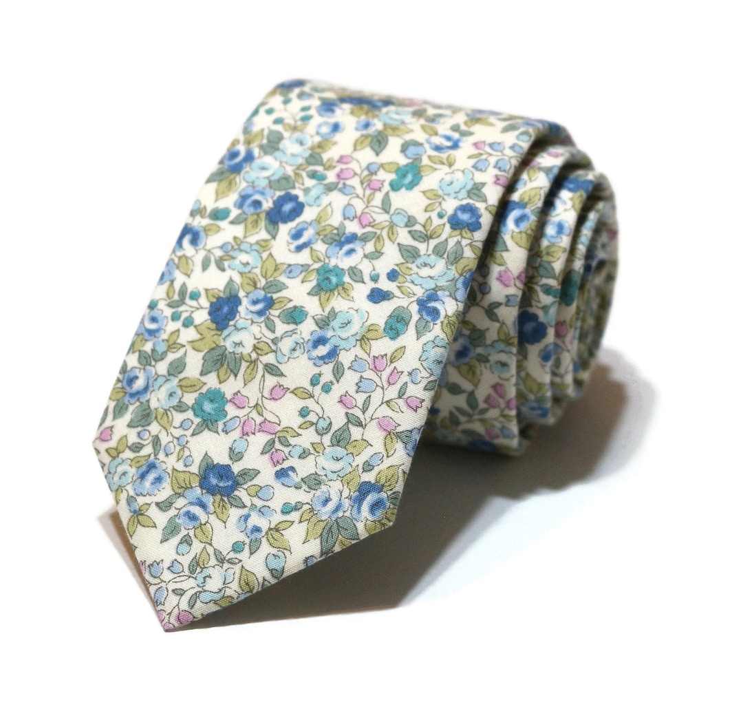 Blue & Sage Floral Necktie - Cotton Anniversary - Wedding Tie - Pocket ...