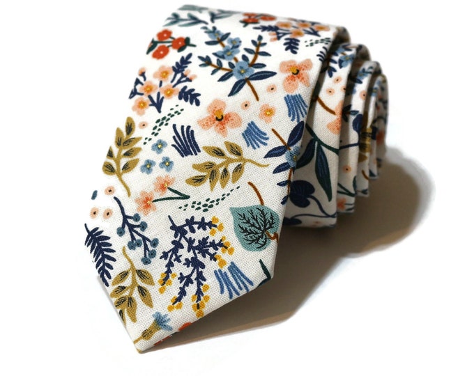 White Metallic Wildwood Floral Necktie - Rifle Paper Co Fabric - Pocket ...