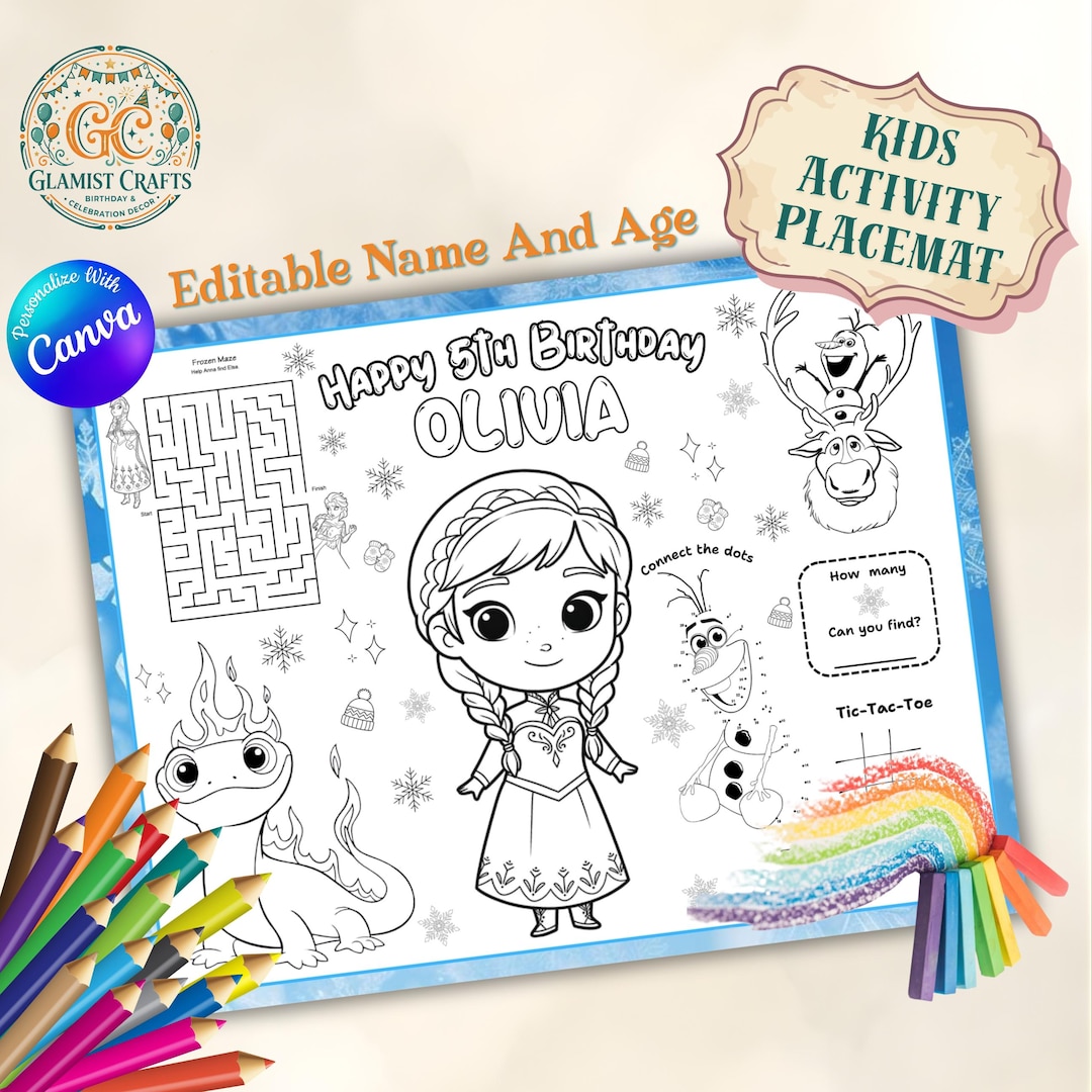 Frozen Elsa Anna Birthday Activity Placemat, Editable Winter Princess ...