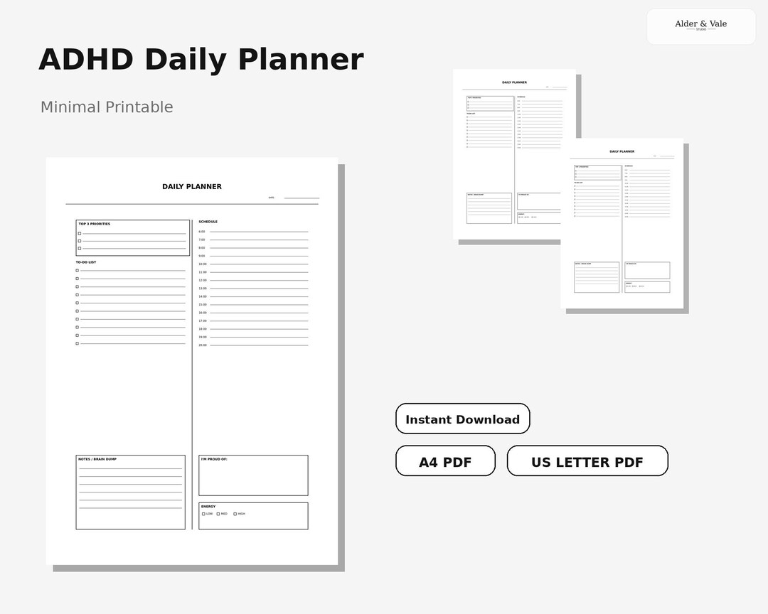 ADHD Daily Planner Printable | Minimal Focus Sheet | PDF Download | A4 ...