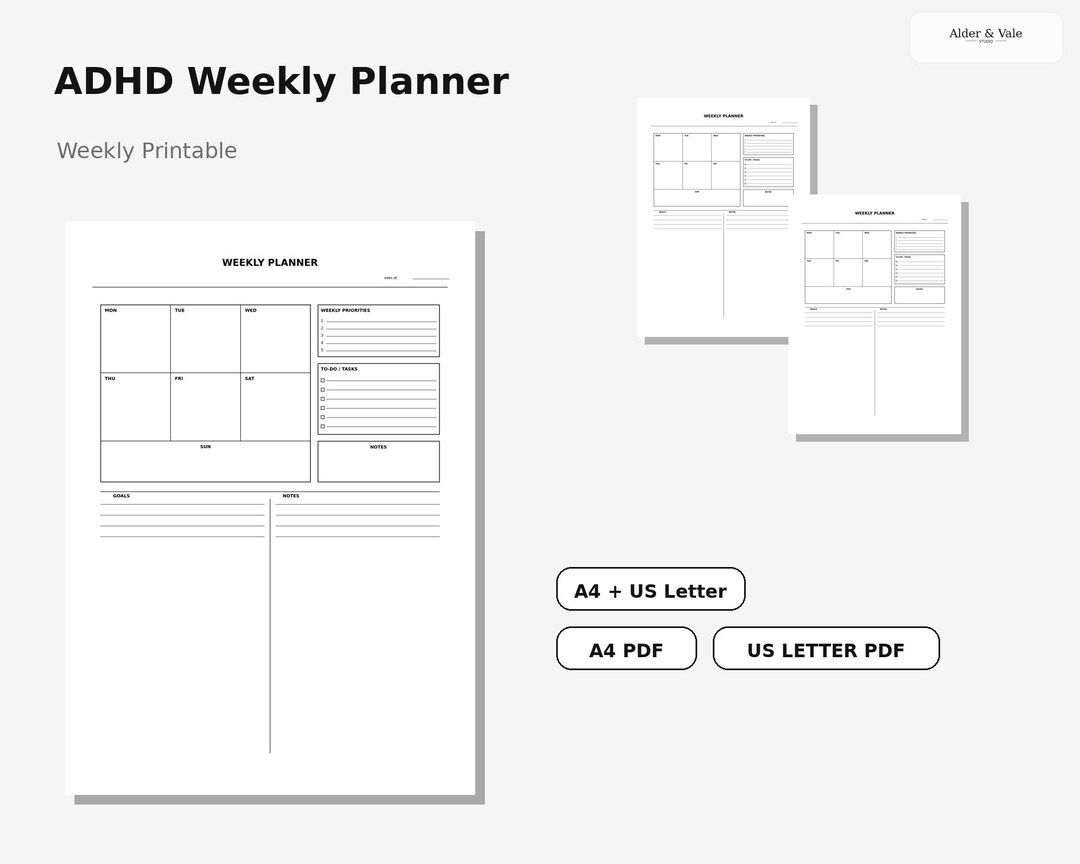 ADHD Weekly Planner Printable | Minimal Weekly Planning Page | PDF ...