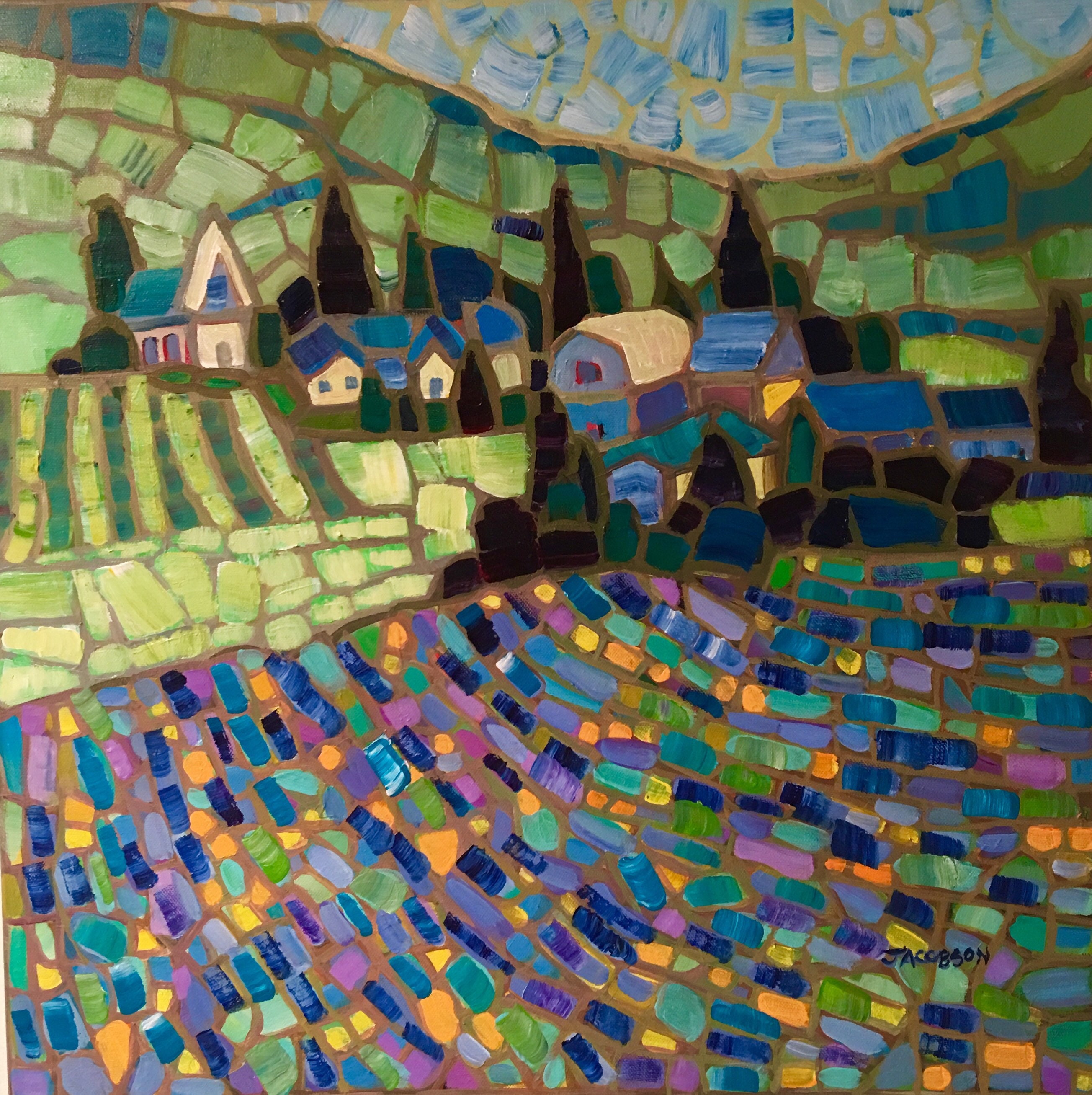 Modern abstract mosaic landscape original painting Blue Valley