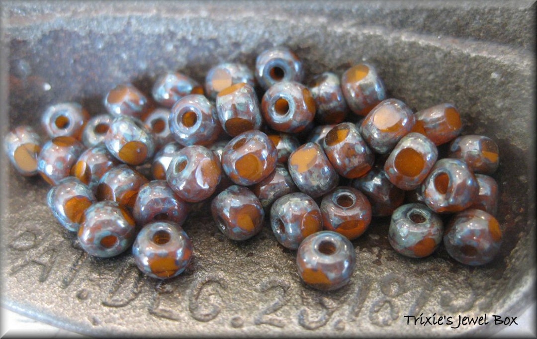 4mm X 3mm Czech Glass Trica Beads - Transparent and Opaque DARK Orange Marbled With Picasso ...