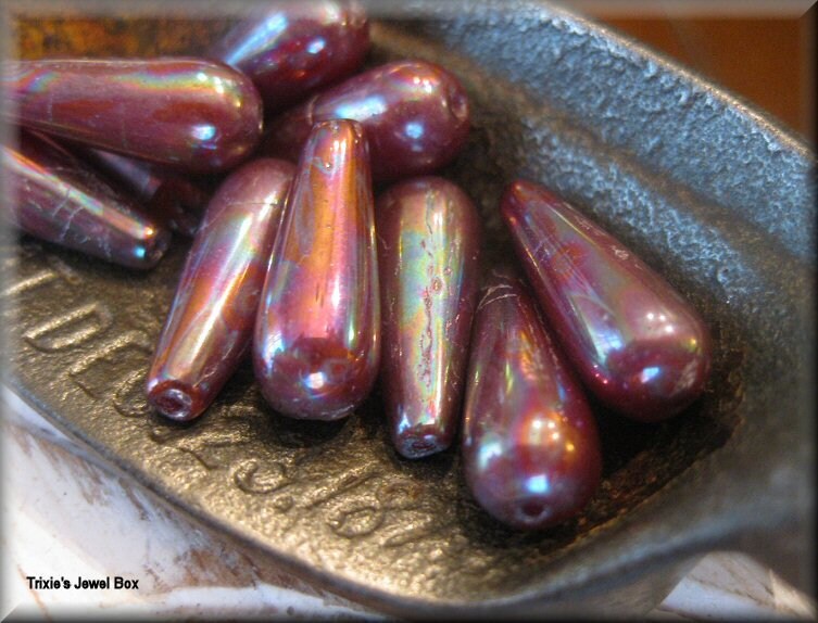 6mm X 15mm Czech Glass Elongated Drop Beads - Rusty Red Metallic With ...