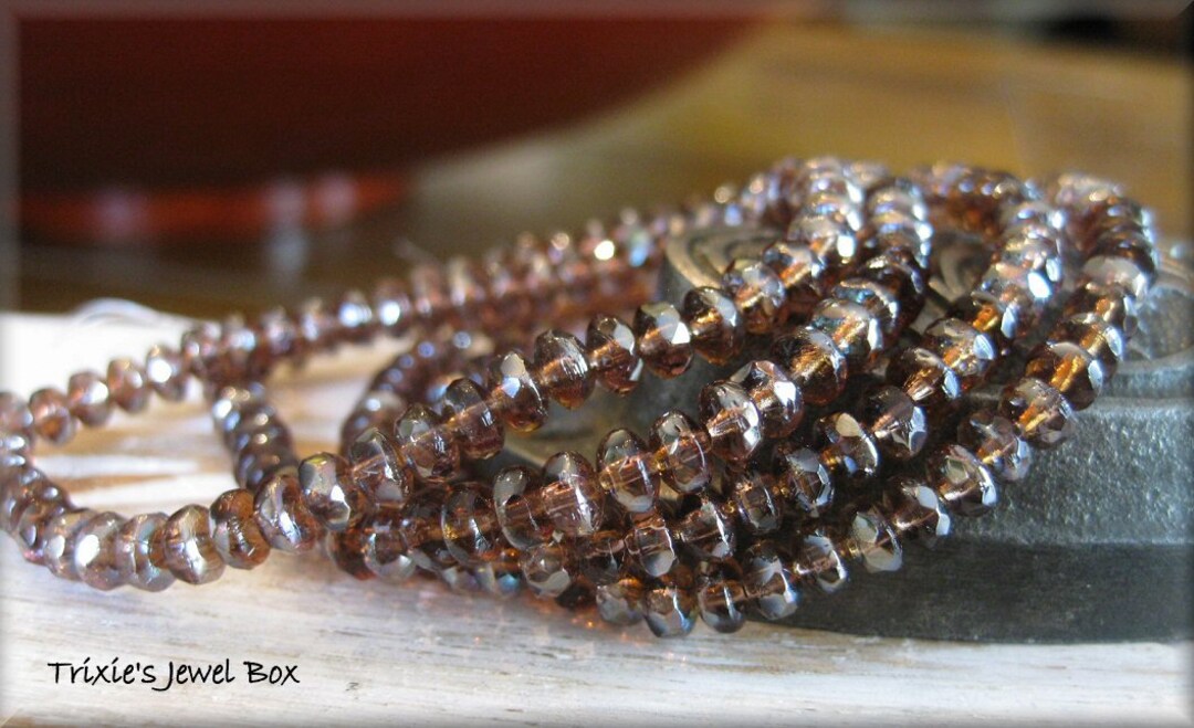 3mm X 2mm Czech Glass Rondelles - Transparent Dark Rose Pink With ...