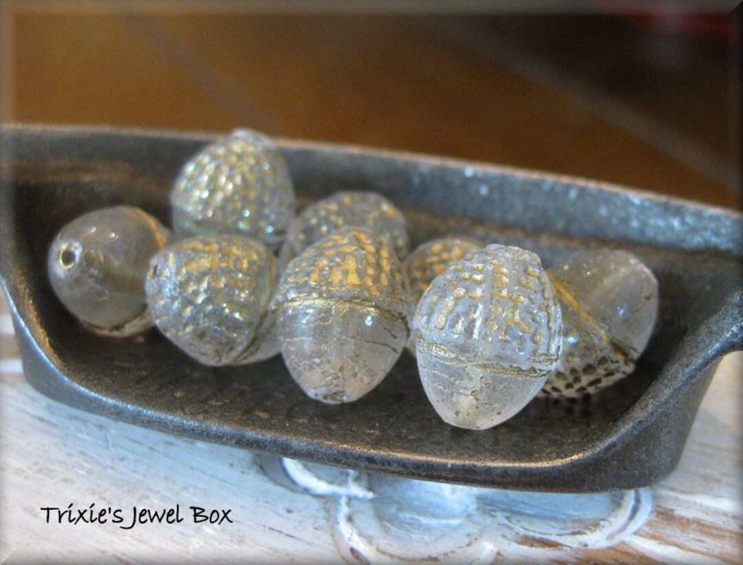 Four (4) Beads - 12mm Czech Glass Acorn Beads - Matte Transparent Clear ...