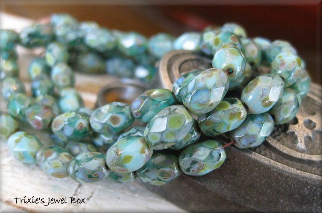 5mm X 7mm Czech Faceted Glass Oval/olives - Blue and Green Marbled With ...
