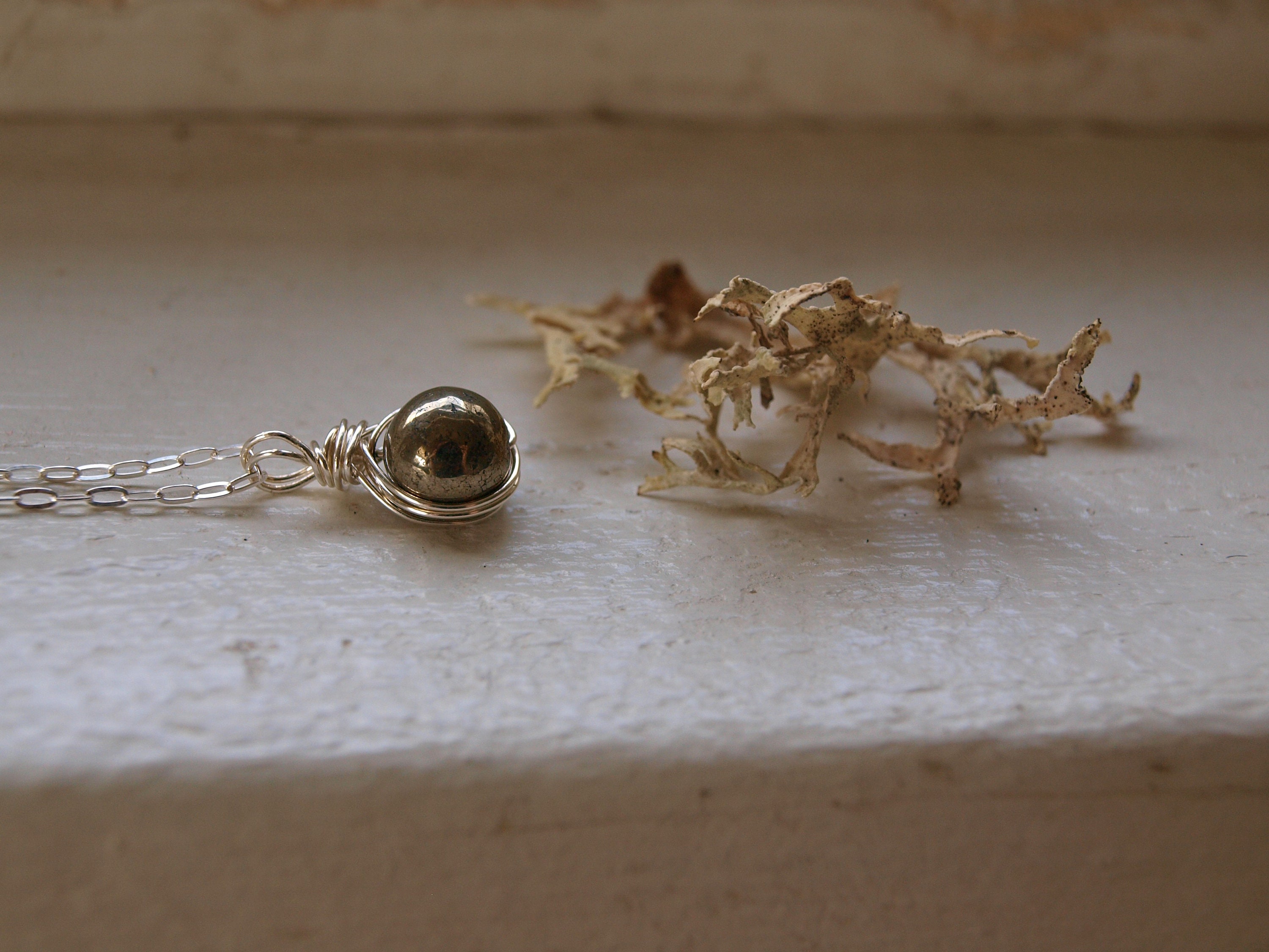 Round Pyrite Necklace Small Fools Gold Necklace Dainty Healing | Etsy