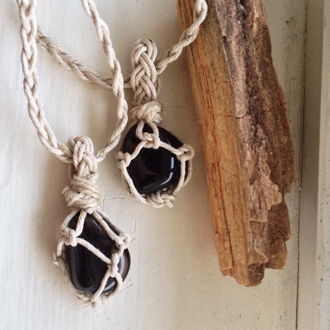 His and Her Apache Tear Obsidian Set Two Natural Hempwrapped - Etsy