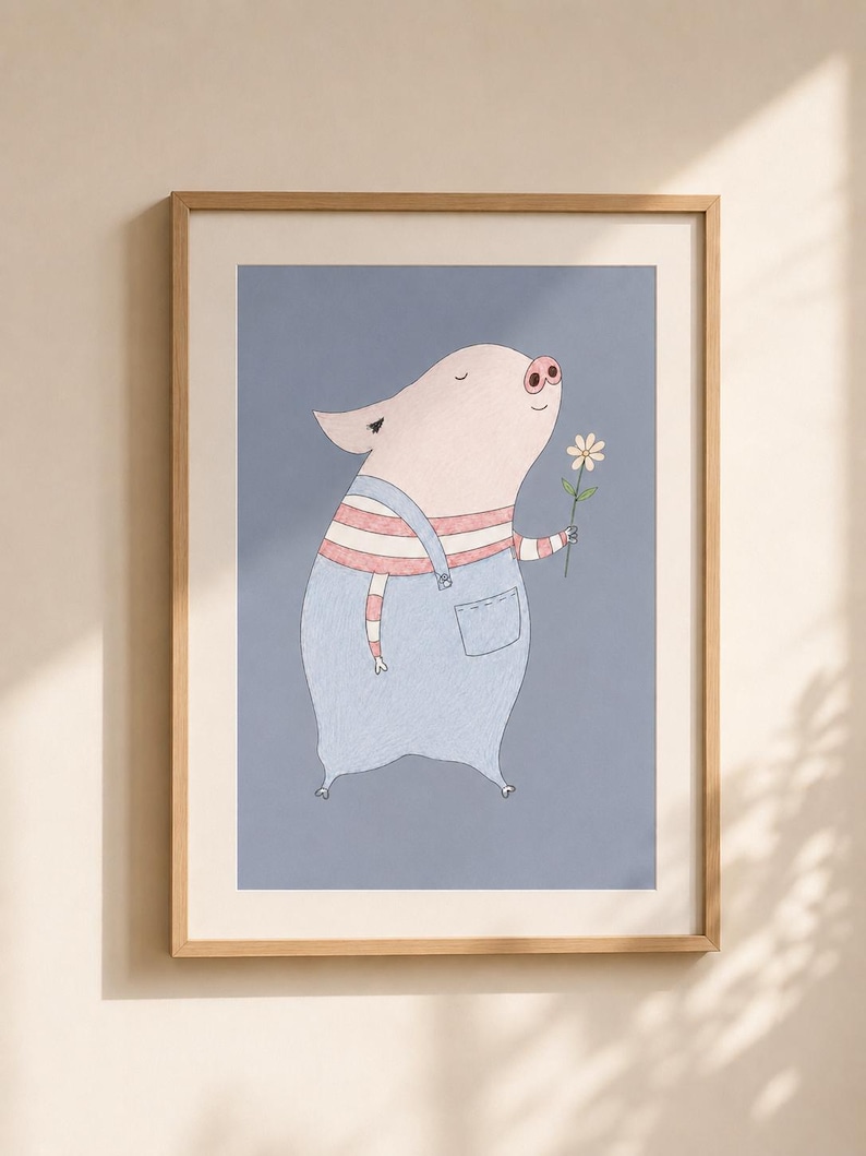 Whimsical Pig Nursery Art, Scandinavian Farm Animal Print, Blue Baby ...