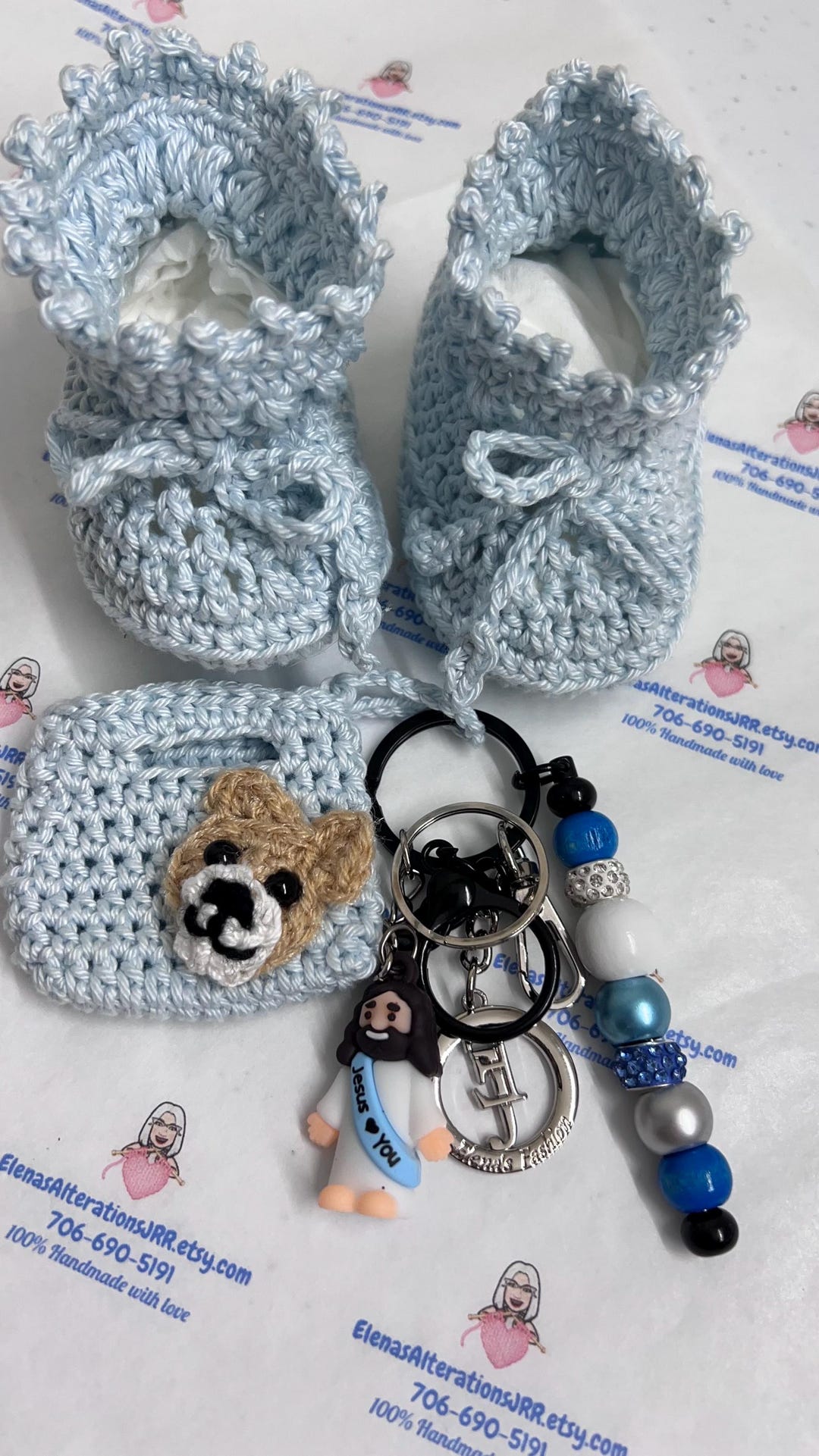 Sweet Baby Boy Booties W/matching Purse Bear Keychain!great Babyshower ...