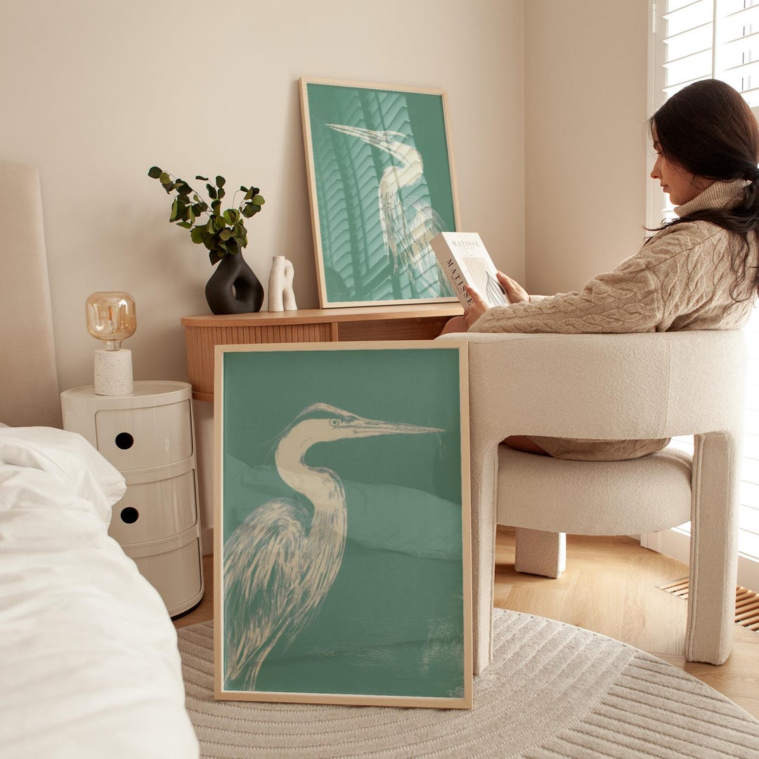 Heron Prints, Jade Green Japandi Set, Coastal Wall Art, Modern Decor ...