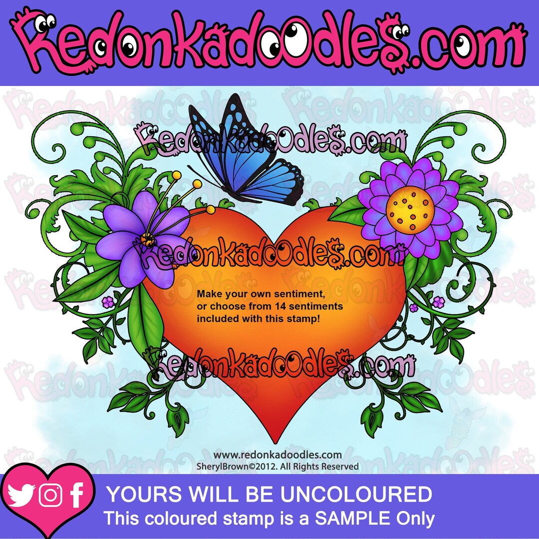Digital Stamp - Floral Hearts Sentiments Package, Uncoloured Digital ...