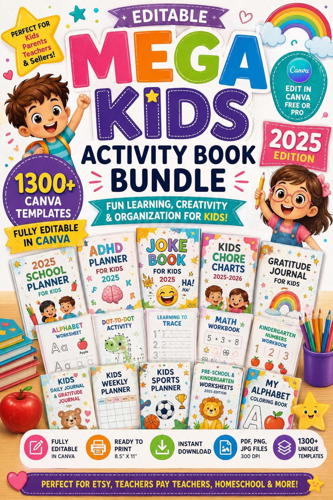 Mega Kids Activity Book Bundle: 1300+ Editable Canva Templates (PDF PNG ...