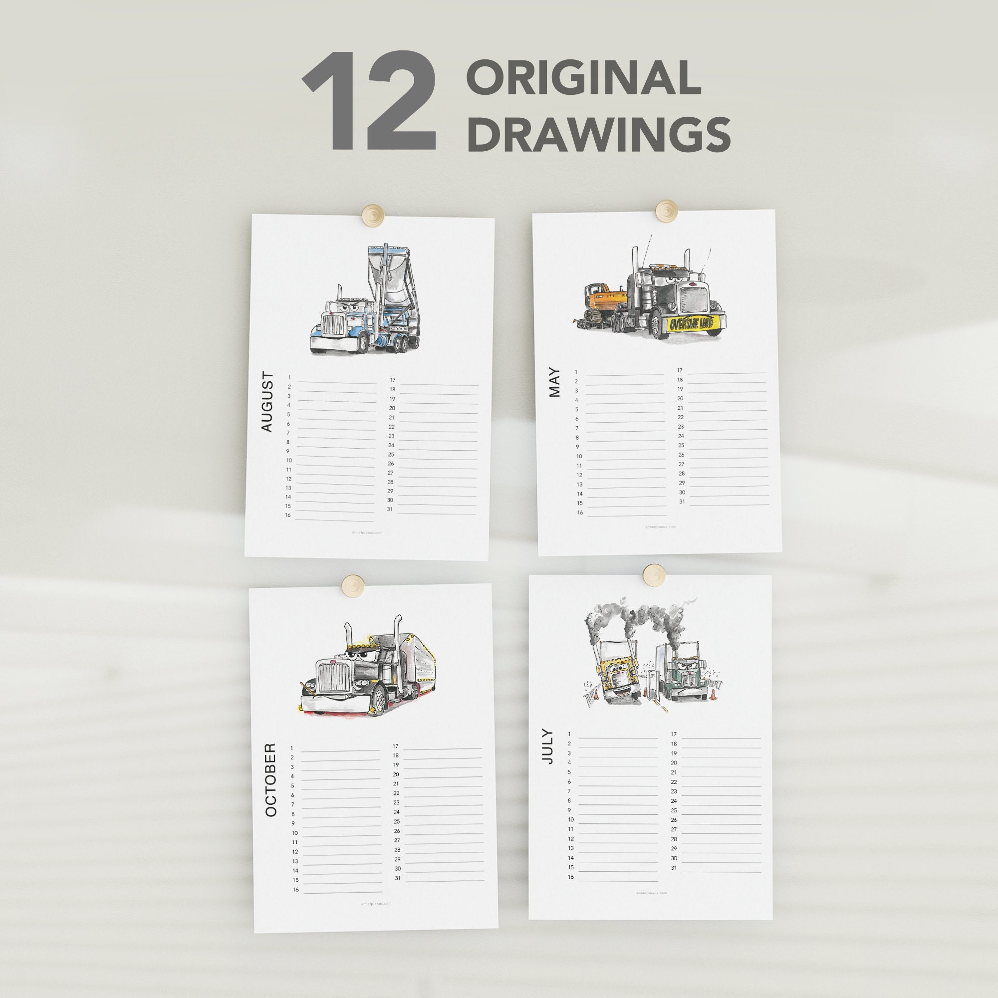 Printable Perpetual Calendar Monthly Planning Art Illustration Trucks ...