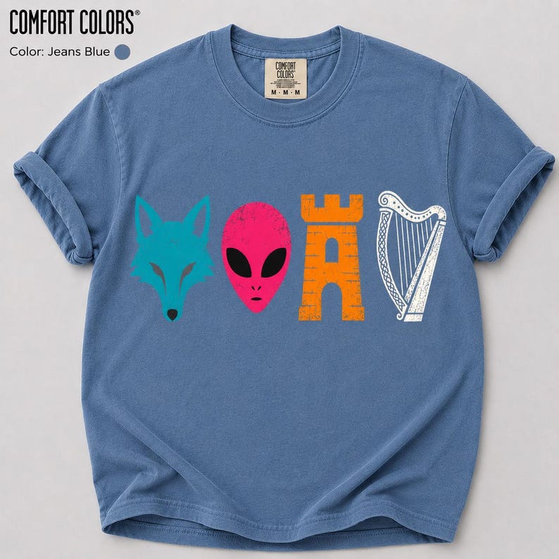 Fox Alien Castle Harp Graphic Tee, Retro Minimalist Sports Shirt - Etsy
