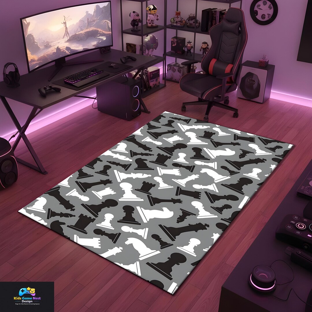 Chess Pieces Rug Black White Pattern Carpet Modern Game Design Kids ...
