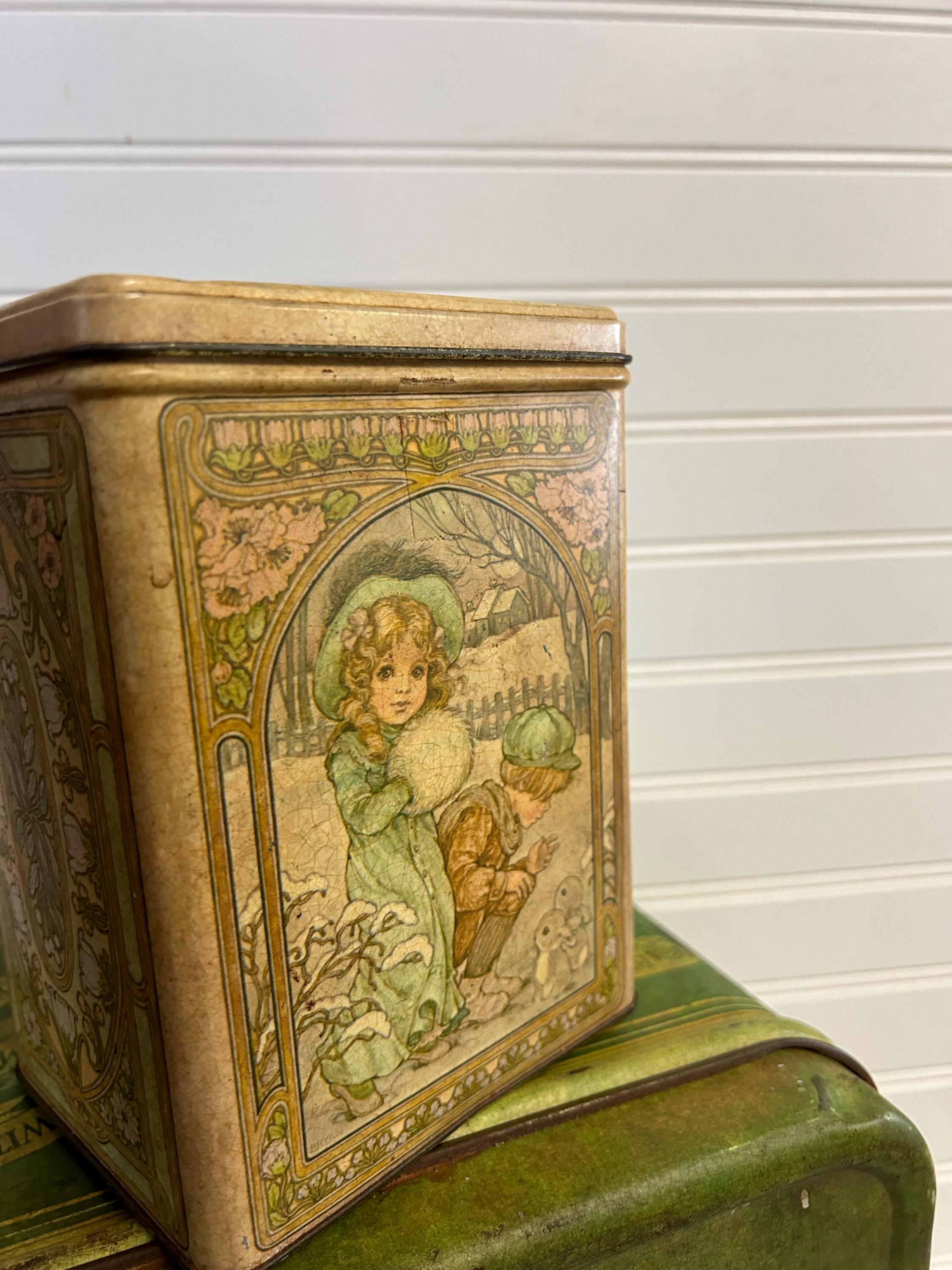 Lot 5 Vintage Tins Bread Box Hinged Kitchen Decorating Set Green Brown ...