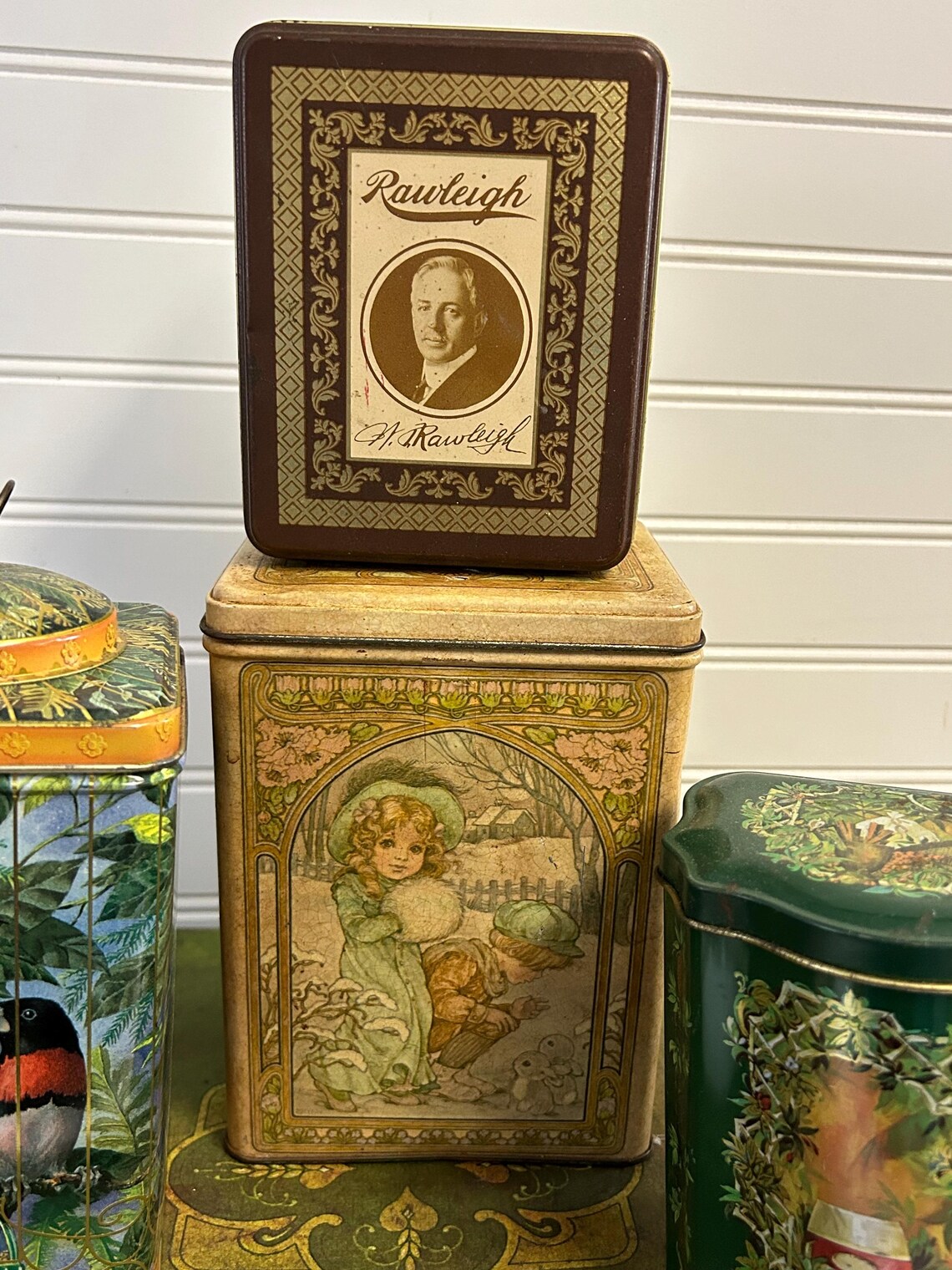 Lot 5 Vintage Tins Bread Box Hinged Kitchen Decorating Set Green Brown ...