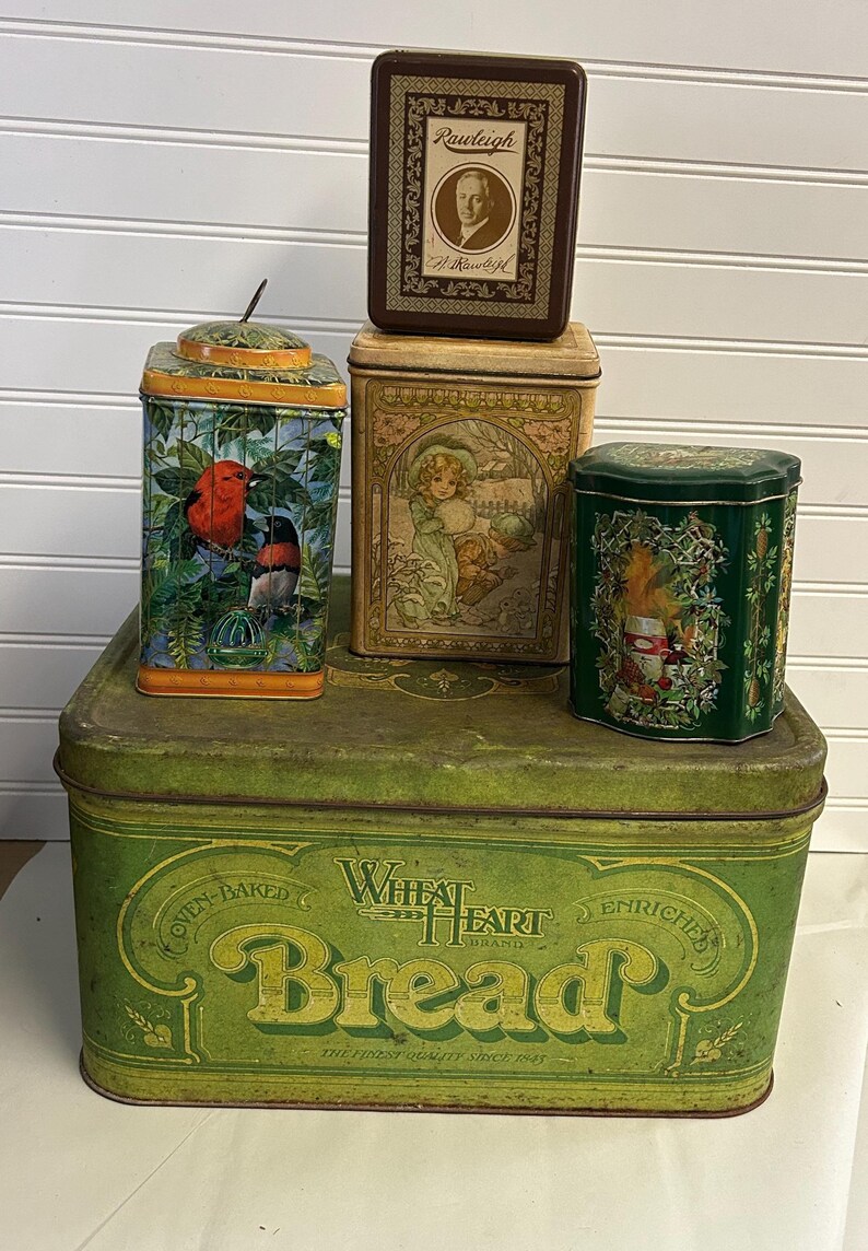 Lot 5 Vintage Tins Bread Box Hinged Kitchen Decorating Set Green Brown ...