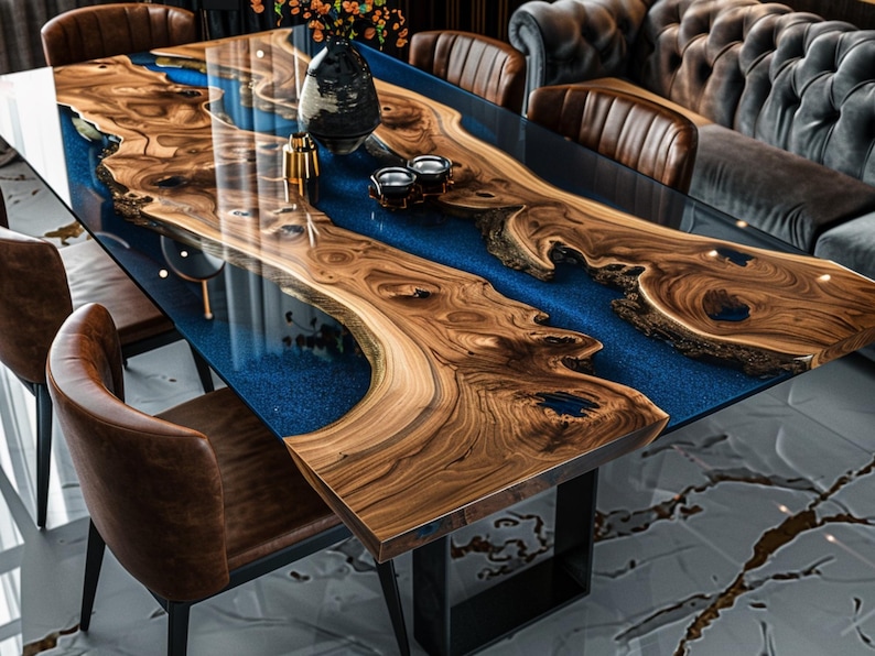 Walnut Live Edge Epoxy River Dining Table, Blue Ocean Resin Furniture ...