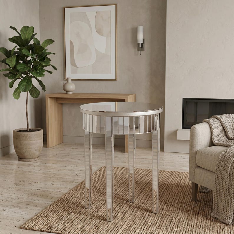 Mirrored Side Table Silver | Round Glamour End Table With Drawer | Art ...