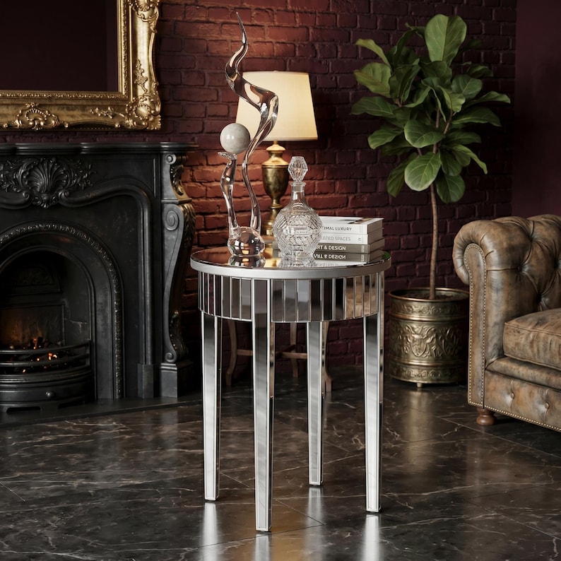 Mirrored Side Table Silver | Round Glamour End Table With Drawer | Art ...