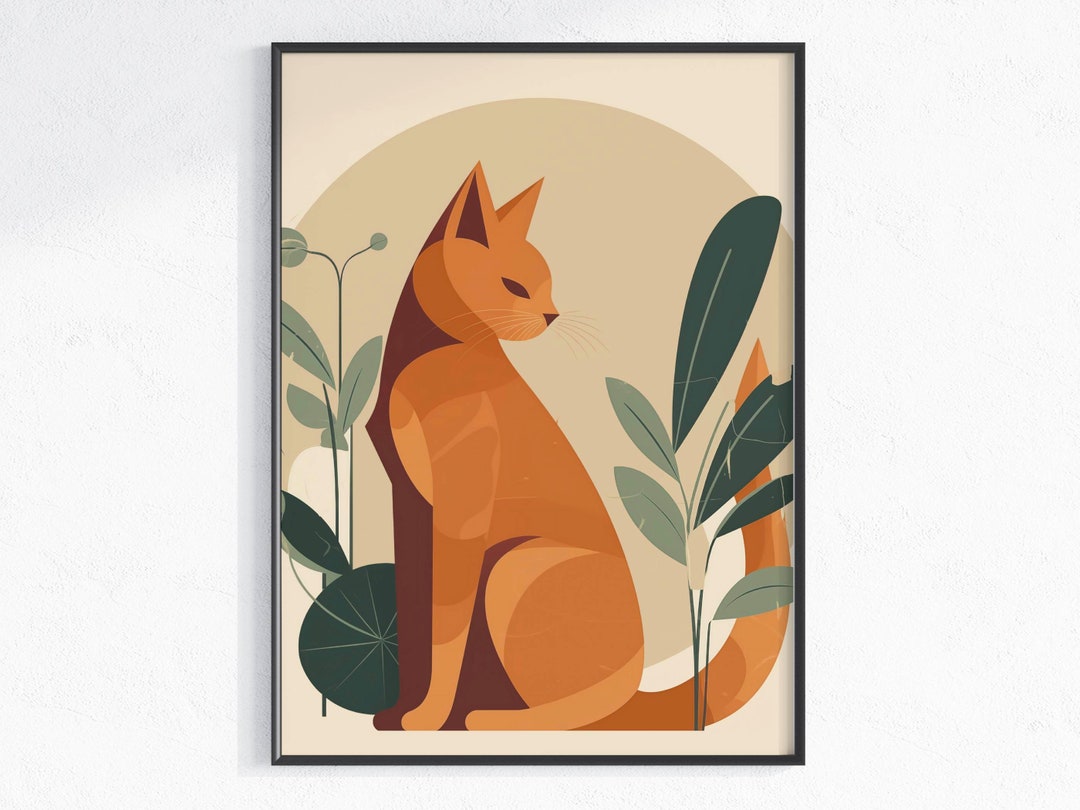 Earthy Tone Ginger Cat and Plants Poster - Digital Boho Home Decor ...