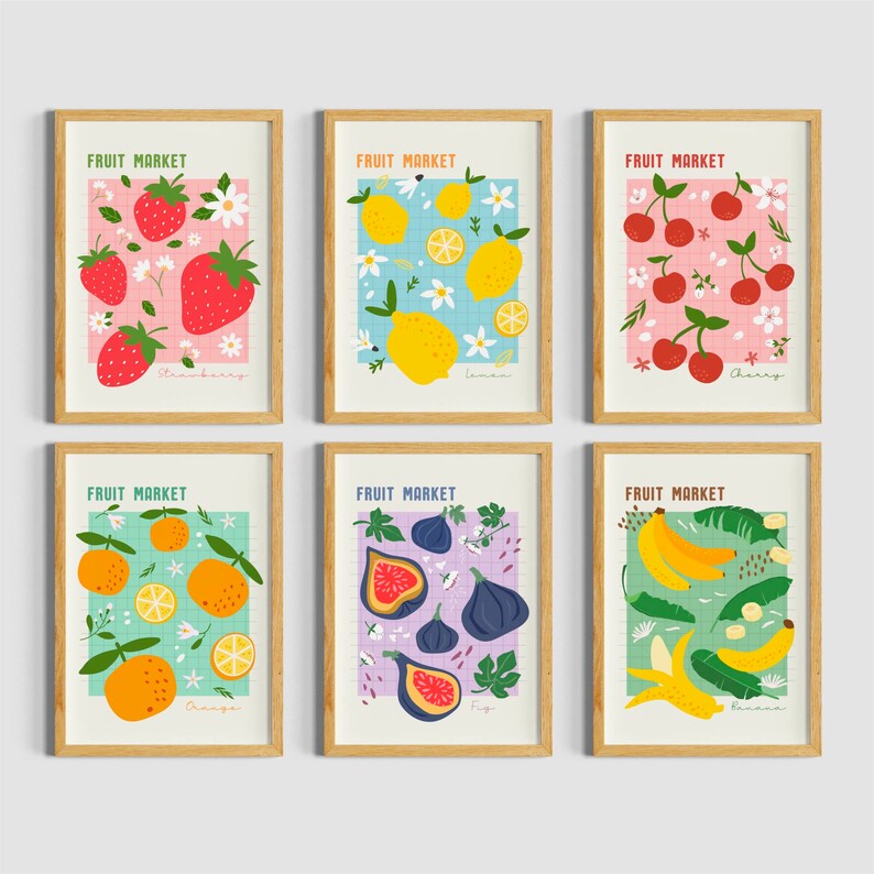 Kitchen Food Market Poster, Dining Room Art Prints Set of 6, Digital ...