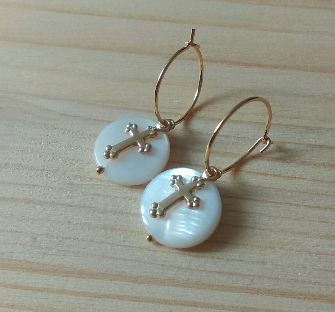 Freshwater and Cross Hoops Earrings - Gold Pearl and Cross Hoops - Gold ...