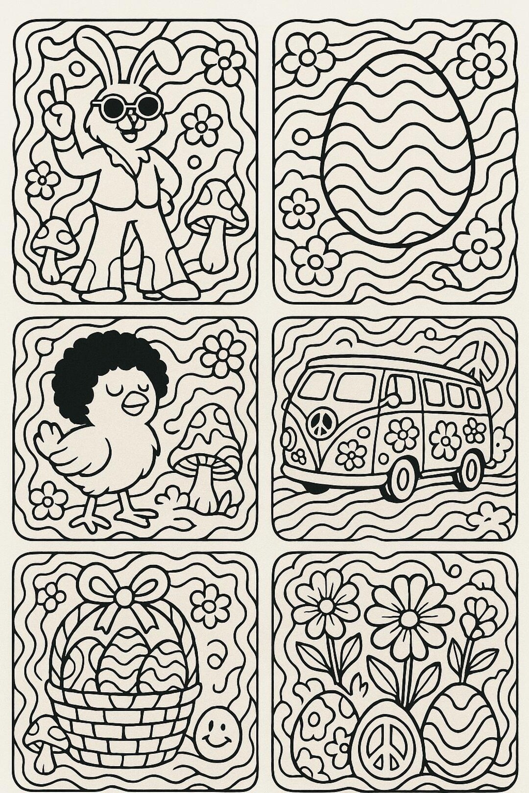 Retro Easter Coloring Pages | 70s Groovy Funky Eggs, Bunny, Flowers ...