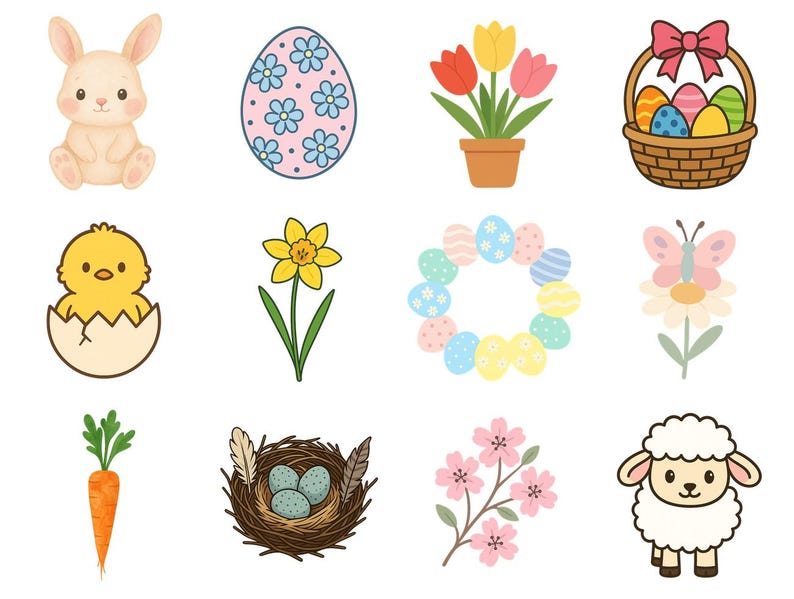 Spring Easter Clipart Bundle | 12 PNG Elements | Bunny Eggs Flowers ...