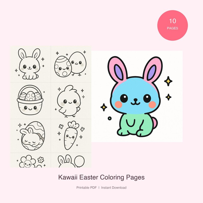 Kawaii Easter Coloring Pages Printable, Instant Download, Cute Bunny ...