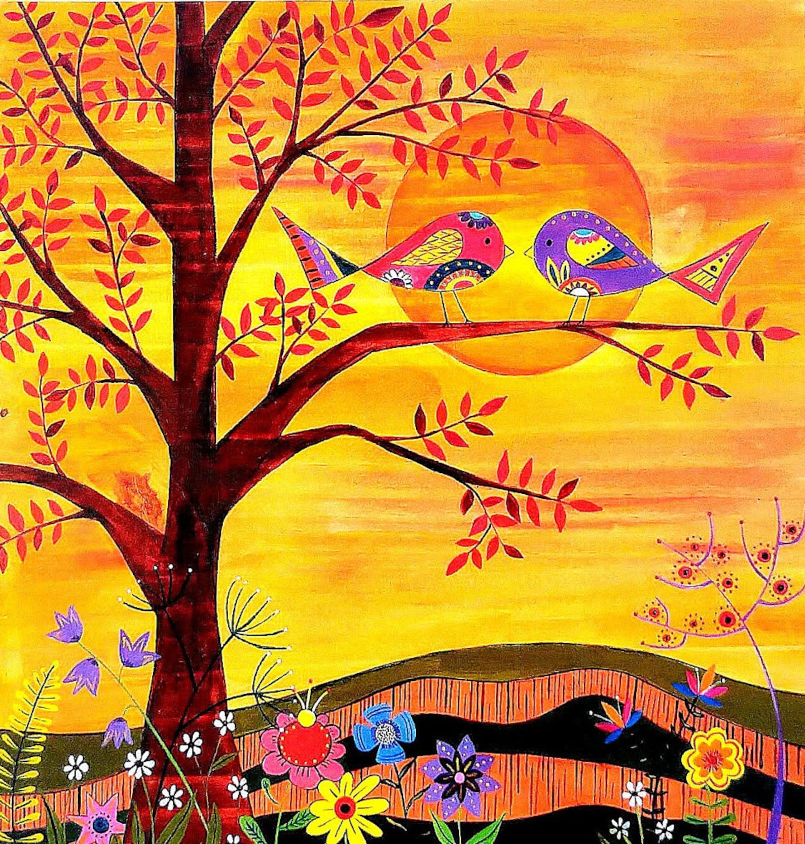 Folk Art Bird Print 'love Birds' Folk Print With - Etsy